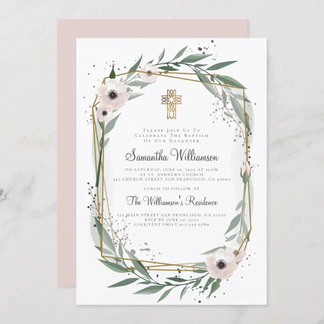 Modern Geometric Floral Cross Baptism Invitation | Zazzle