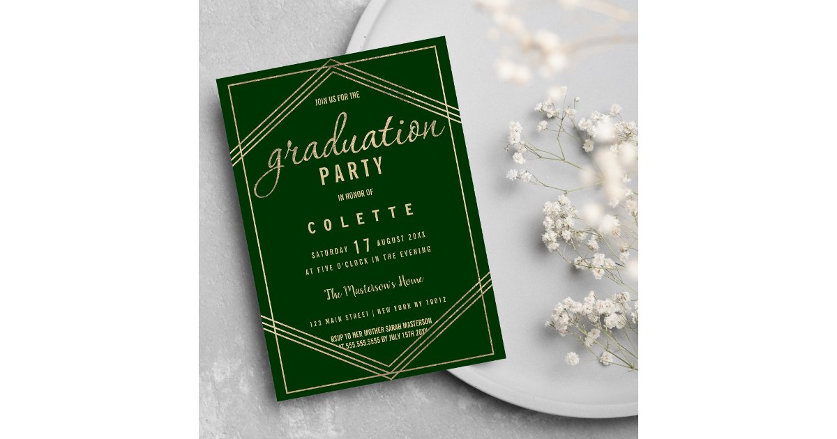 Modern geometric forest green gold Graduation Invitation | Zazzle