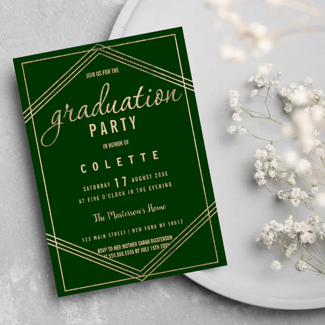 Modern geometric forest green gold Graduation Invitation | Zazzle