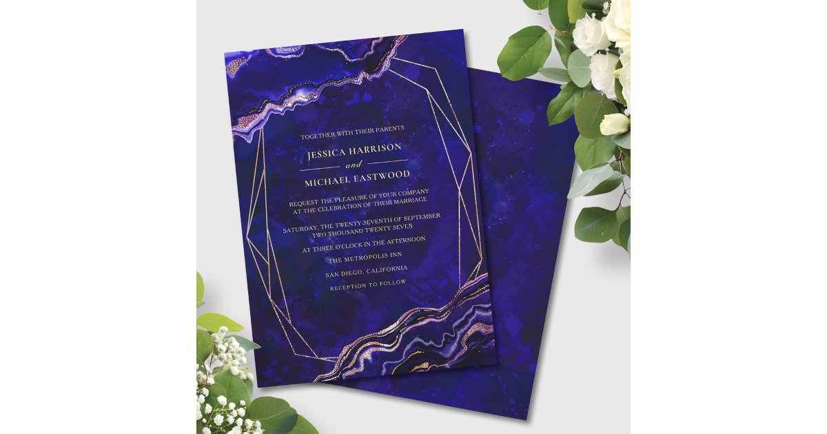 Modern Geometric Geode Deep Blue Agate Wedding Invitation | Zazzle