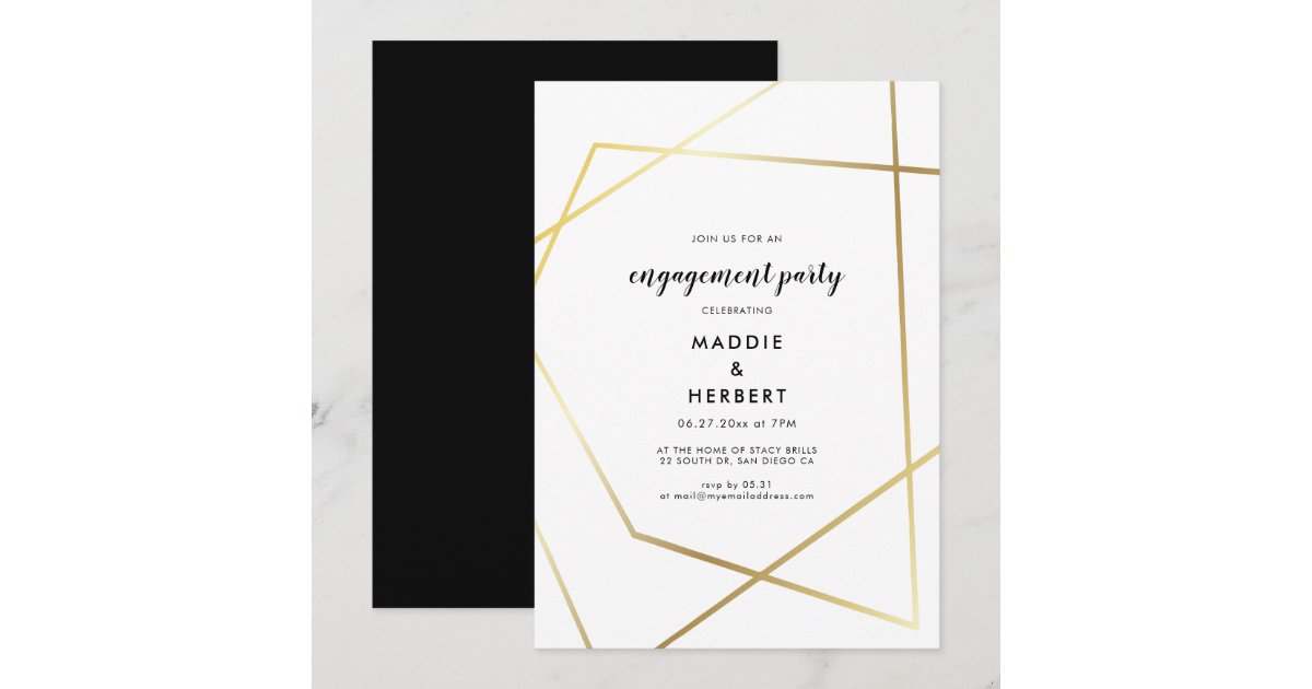 Modern geometric gold frame engagement party invitation | Zazzle