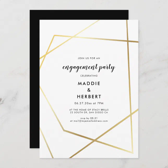 Modern geometric gold frame engagement party invitation | Zazzle