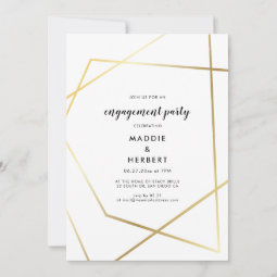 Modern geometric gold frame engagement party invitation | Zazzle