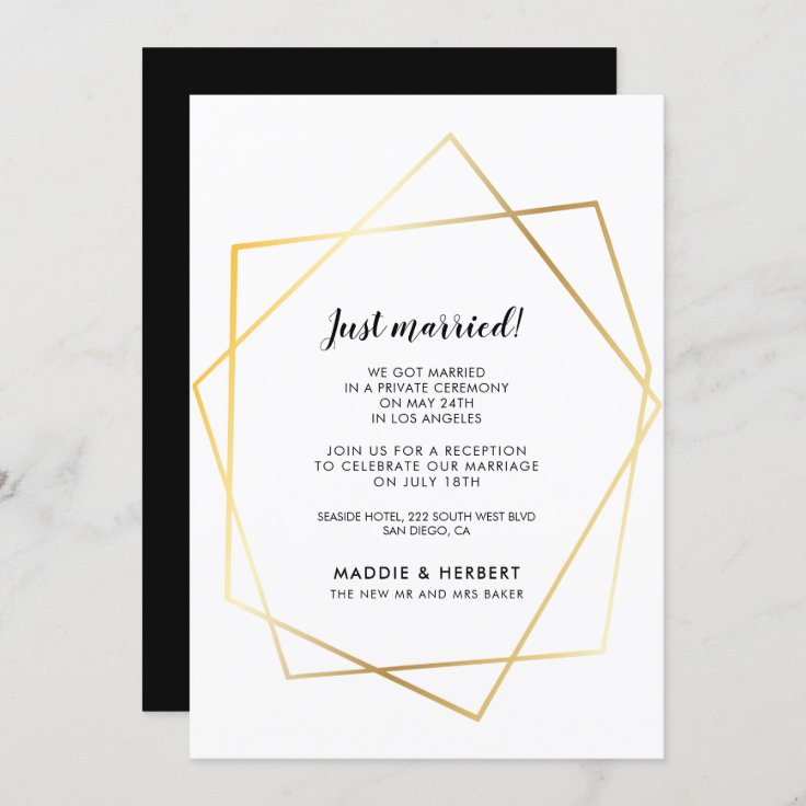 Modern geometric gold frame Just married card | Zazzle
