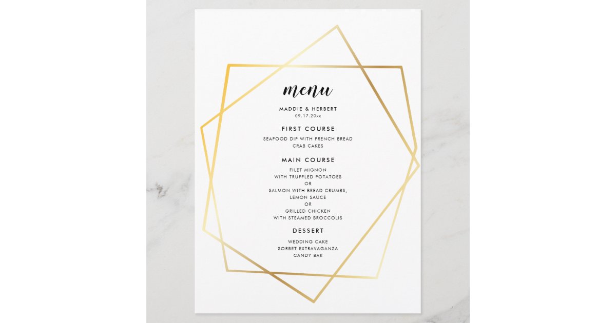 Modern geometric gold frame wedding menu | Zazzle