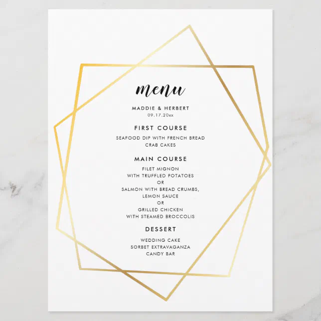 Modern geometric gold frame wedding menu | Zazzle
