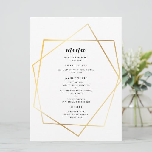Modern geometric gold frame wedding menu | Zazzle