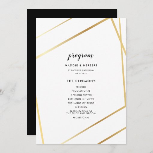 Modern geometric gold frame wedding program | Zazzle