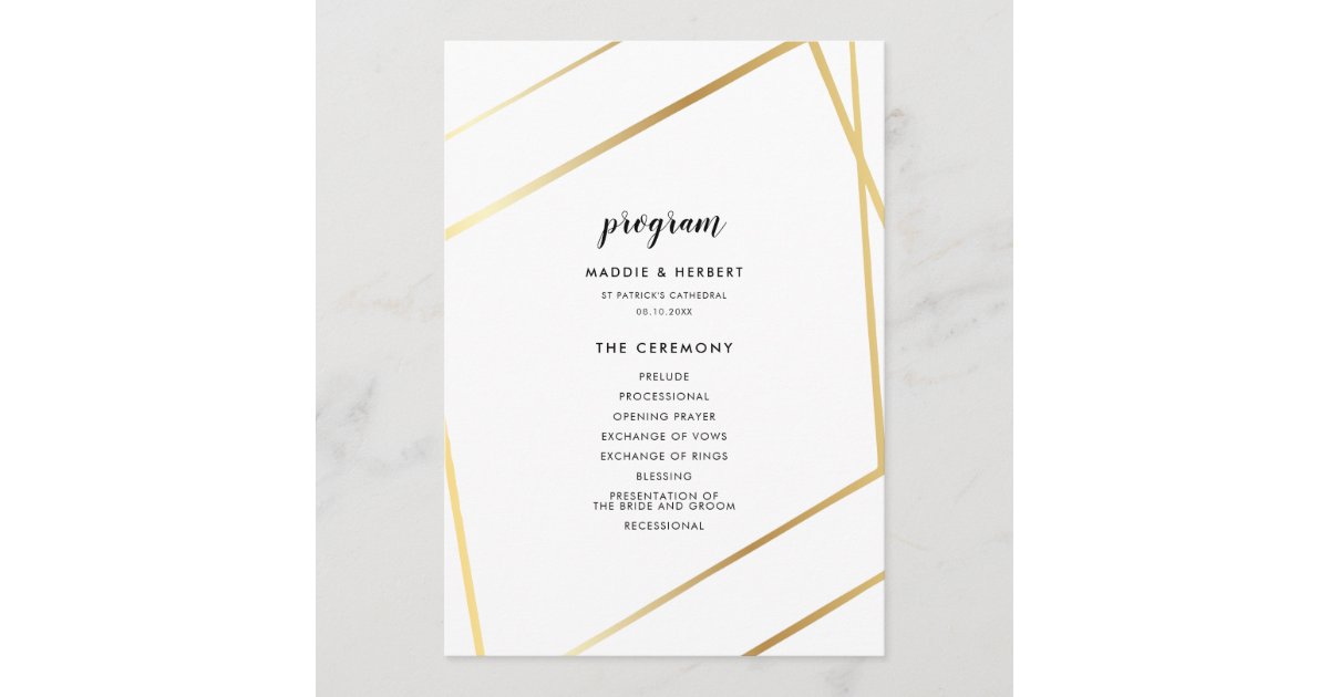 Modern geometric gold frame wedding program | Zazzle