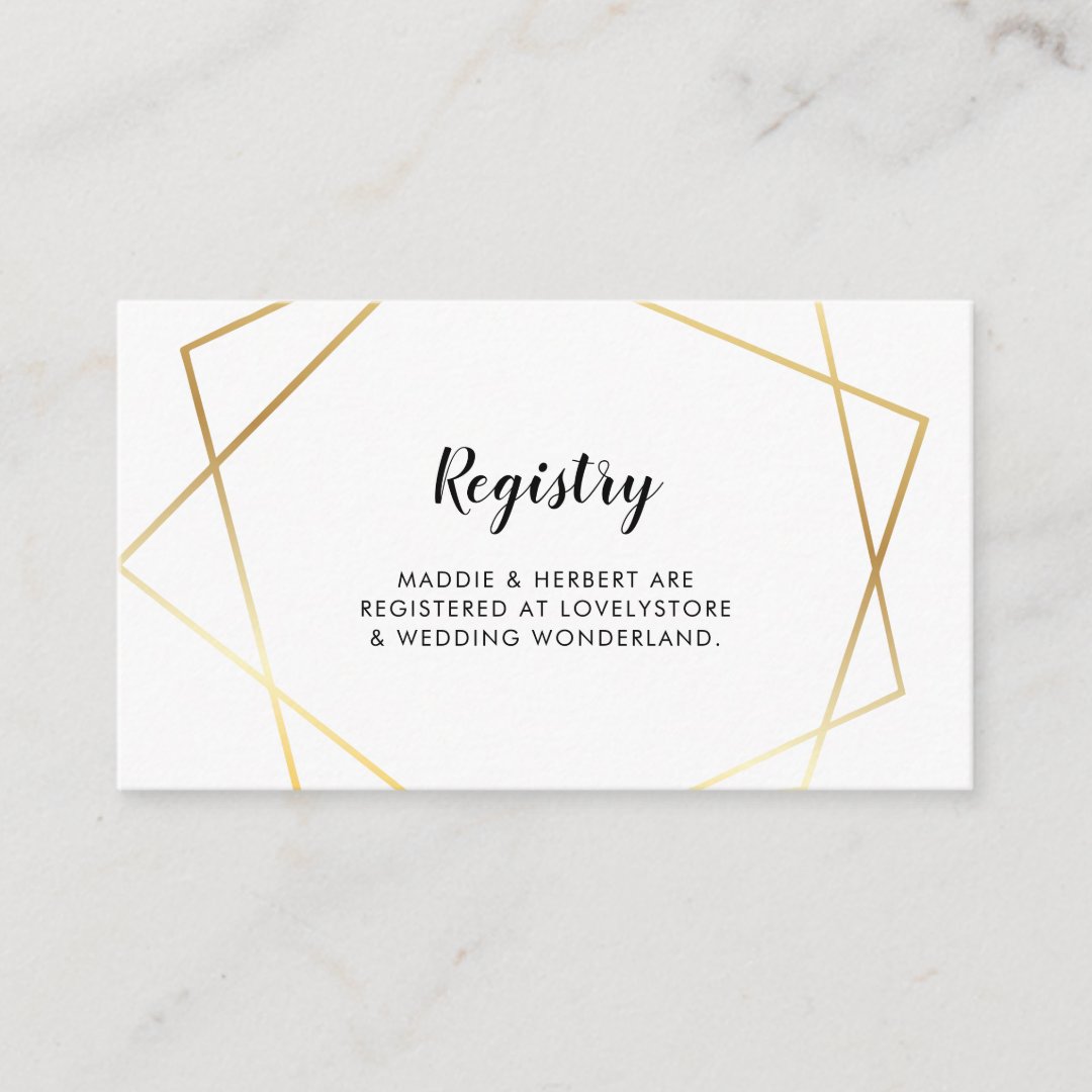 Modern geometric gold frame wedding registry card | Zazzle