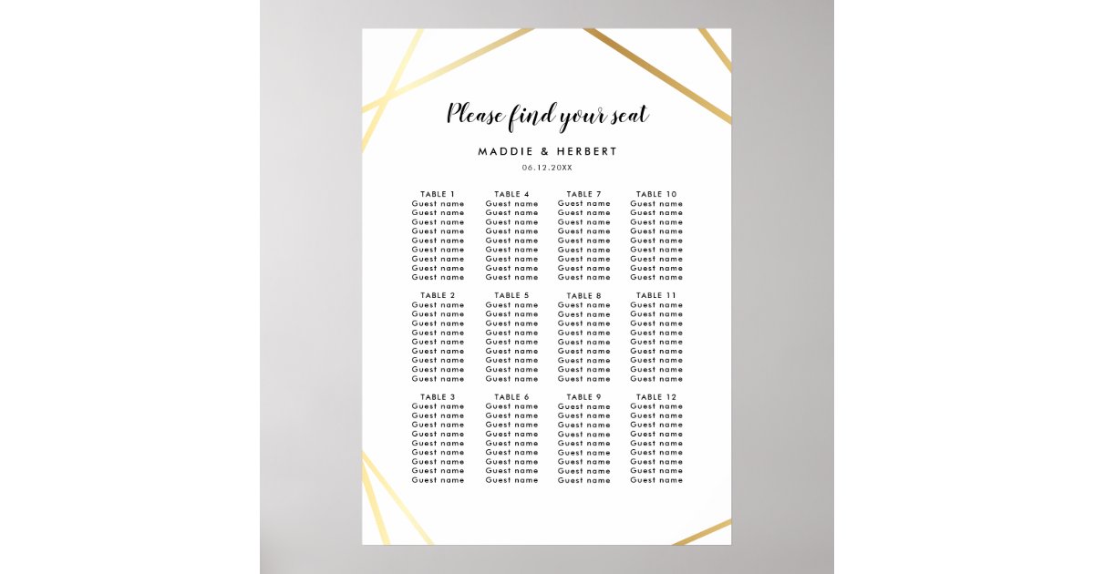 Modern geometric gold frame wedding seating chart | Zazzle