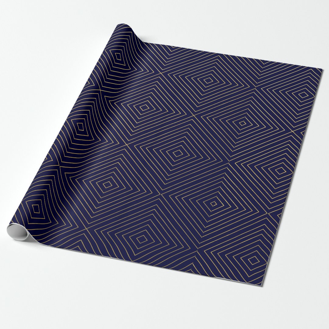 Modern Geometric Gold Squares Pattern on Navy Blue Wrapping Paper | Zazzle