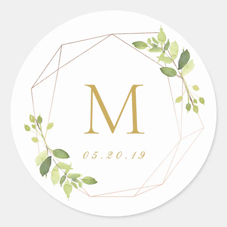 Modern Geometric Greenery Wedding Monogram Classic Round Sticker | Zazzle