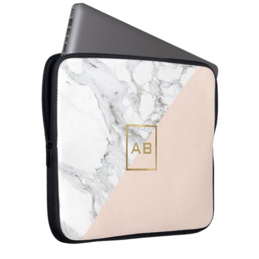 Modern Geometric Marble/Pink Monogram Logo Laptop Sleeve | Zazzle