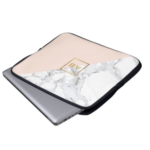 Modern Geometric Marble/Pink Monogram Logo Laptop Sleeve | Zazzle