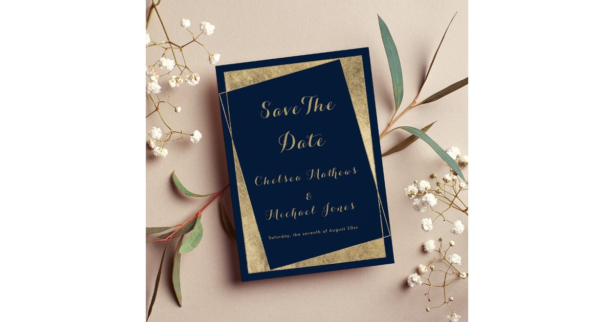 Modern geometric navy blue faux gold Save The Date | Zazzle