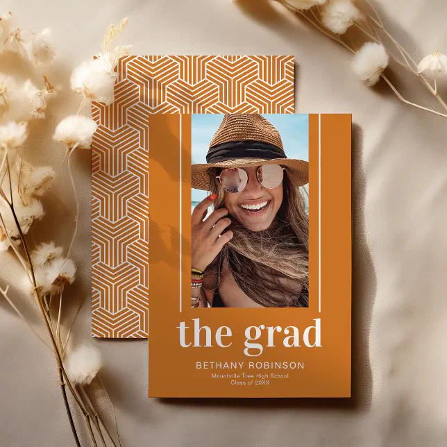 Modern Geometric Orange Photo Graduation Announcement | Zazzle