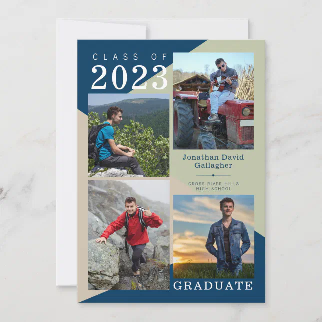 Modern Geometric Photo Blue Green Beige Graduation Announcement | Zazzle