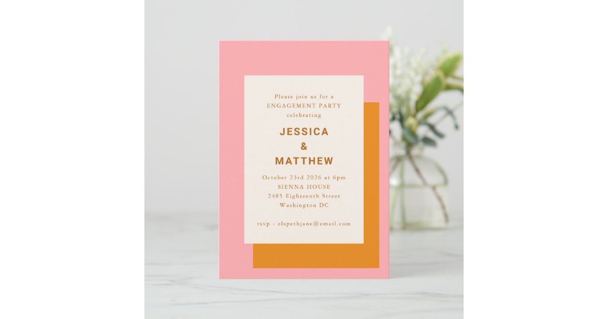 Modern Geometric Pink Orange Engagement Party Invitation | Zazzle