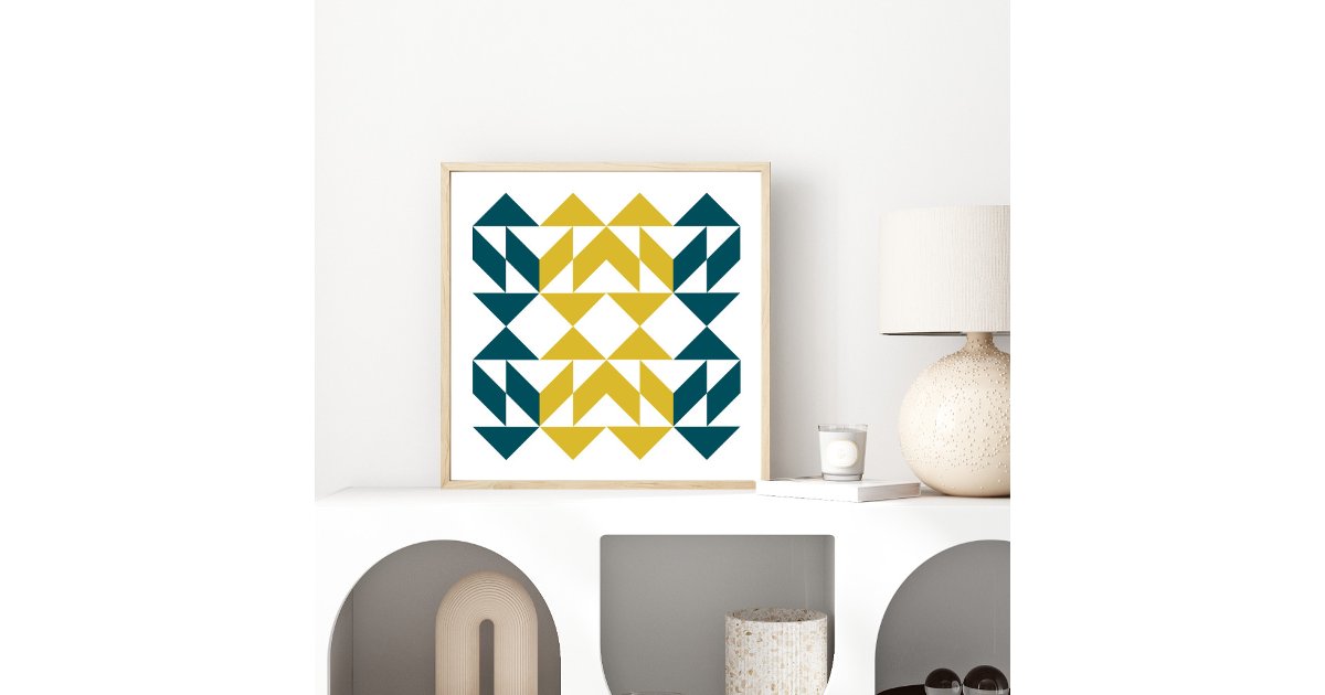 Modern Geometric Shapes Art in Blue and Yellow Poster | Zazzle