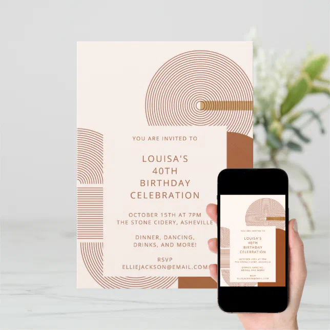 Modern Geometric Shapes Line Terracotta Birthday Invitation | Zazzle