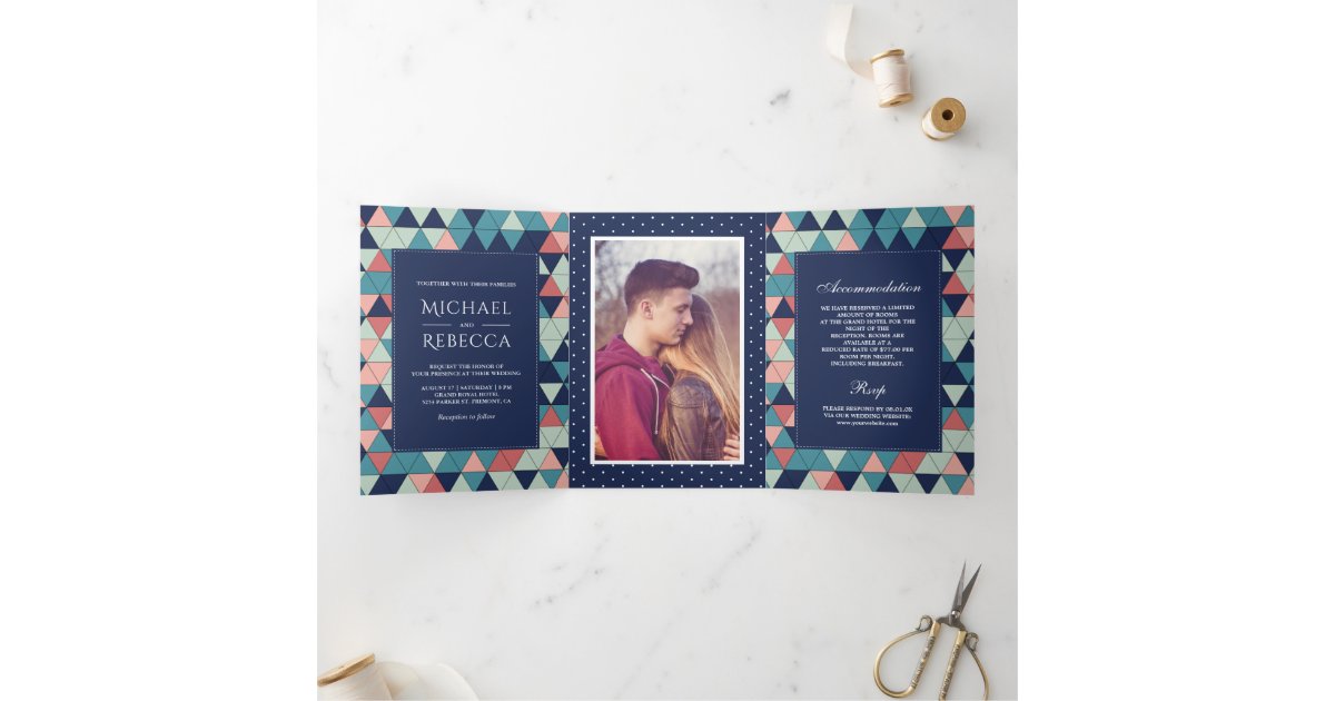 Modern Geometric Triangles Photo Wedding Tri-Fold Invitation | Zazzle