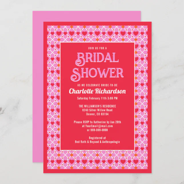 Modern Geometry Pink Heart Pattern Bridal Shower Invitation | Zazzle