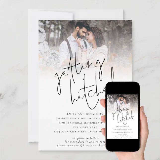 Modern Getting Hitched Photo QR Code Wedding Invitation | Zazzle