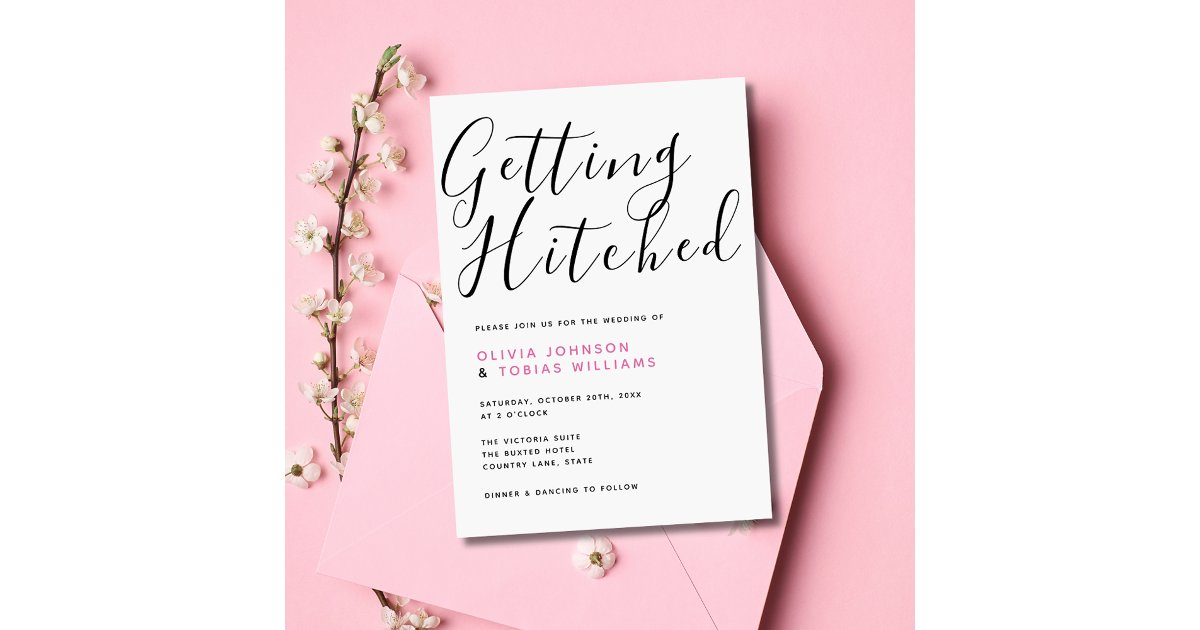 Modern Getting Hitched Typography Wedding Invitation | Zazzle