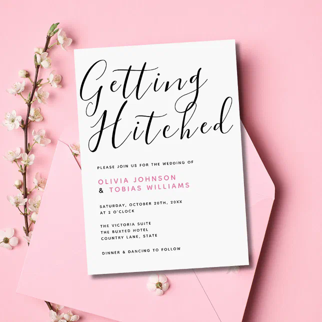 Modern Getting Hitched Typography Wedding Invitation | Zazzle