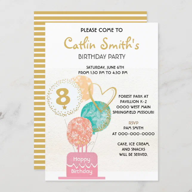 Modern Girl Gold Balloons Kids Birthday Party Invitation | Zazzle