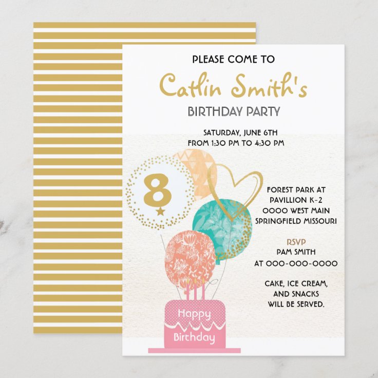 Modern Girl Gold Balloons Kids Birthday Party Invitation | Zazzle