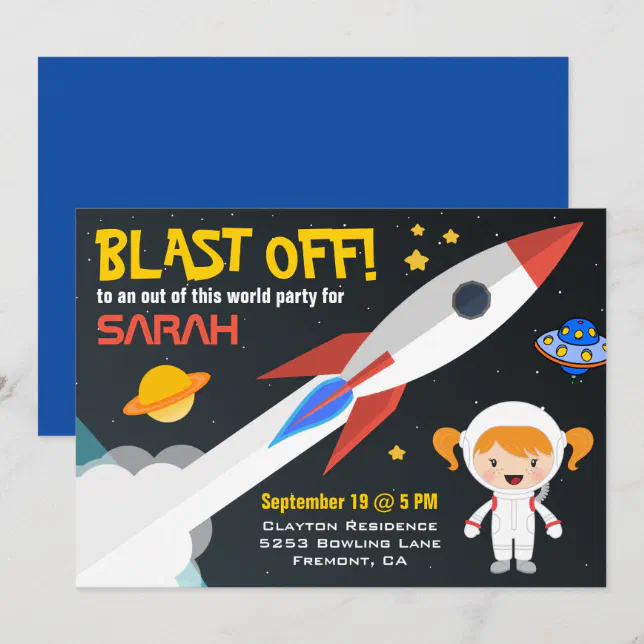 Modern Girls Outer Space Rocket Birthday Party Invitation | Zazzle