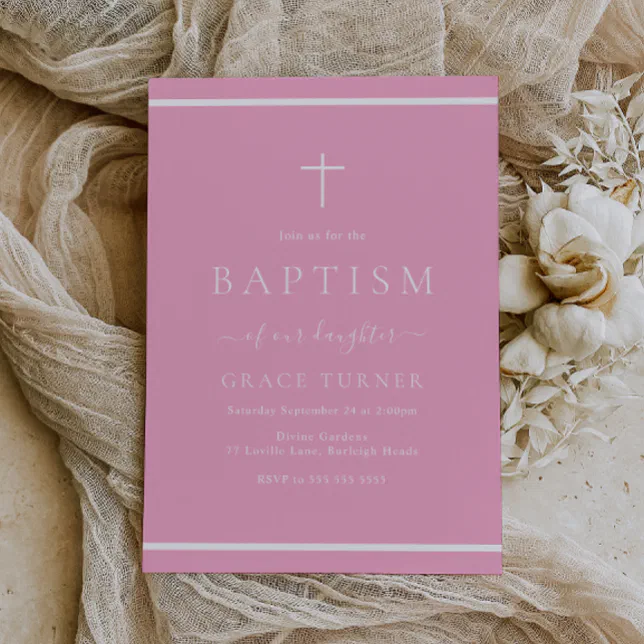 Modern Girls Pink Baptism White Border Invitation | Zazzle