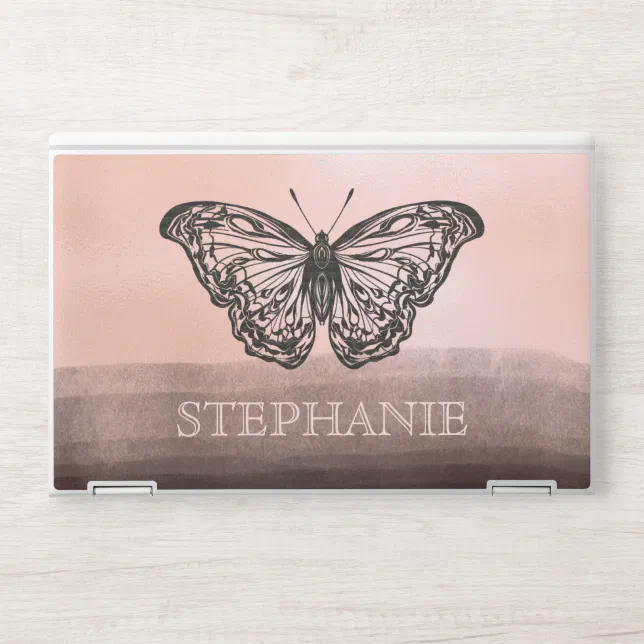 Modern Girly Blush Pink Black Butterfly HP Laptop Skin | Zazzle