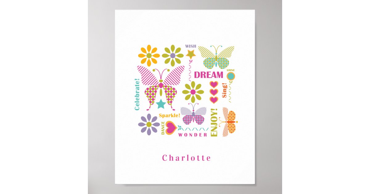 Modern Girly Butterfly Typography Pattern Poster | Zazzle