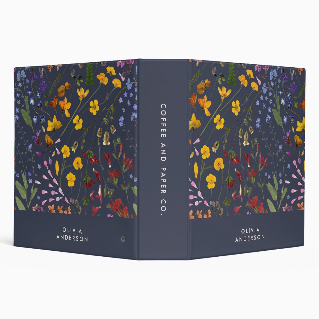 Modern girly floral colorful name navy blue 3 ring binder | Zazzle