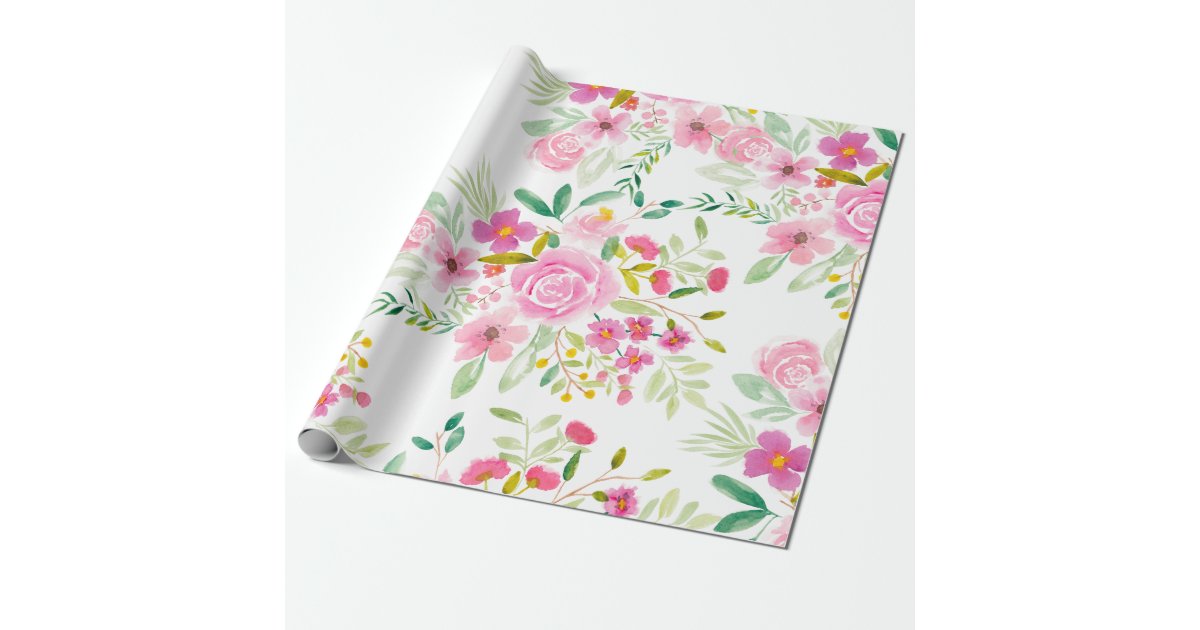 Modern girly pink green floral watercolor pattern wrapping paper | Zazzle