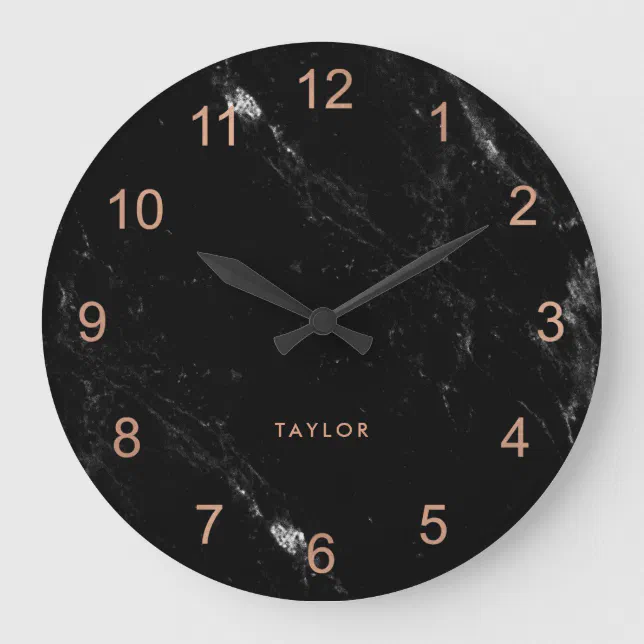 Modern Glam Faux Rose Gold Look and Black Marble Large Clock | Zazzle