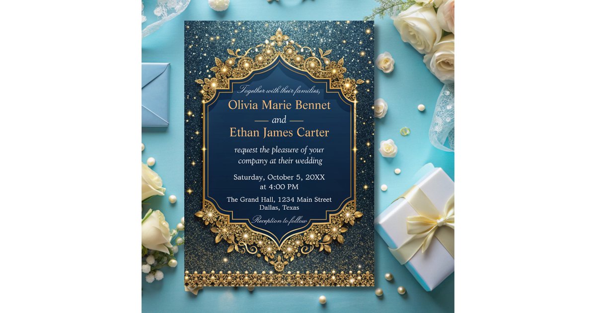 modern glam luxury blue Glitter gold chic wedding Invitation | Zazzle