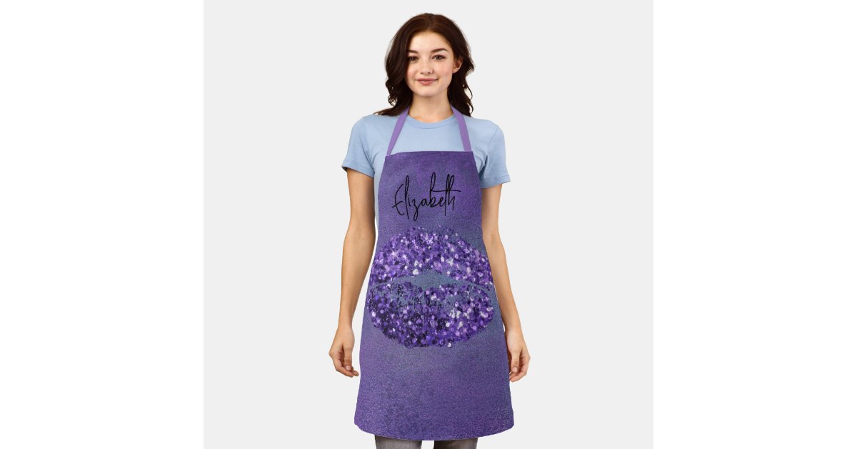 Modern Glam Purple Glittery Kiss Lipstick Imprint Apron | Zazzle