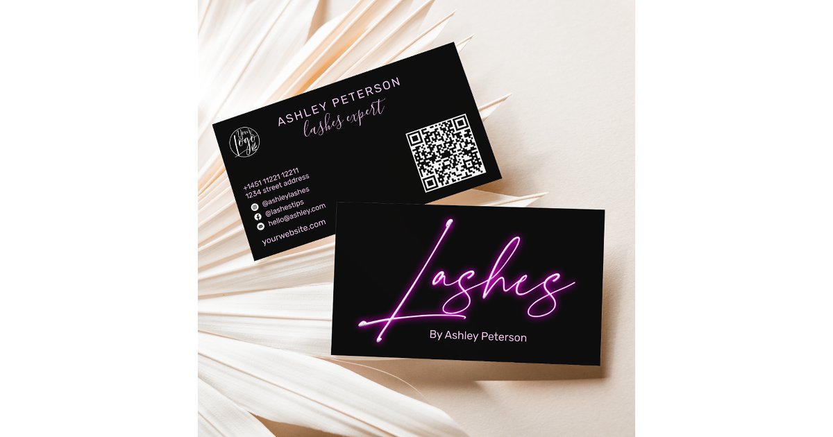 Modern glam purple neon lashes script logo qr code business card | Zazzle