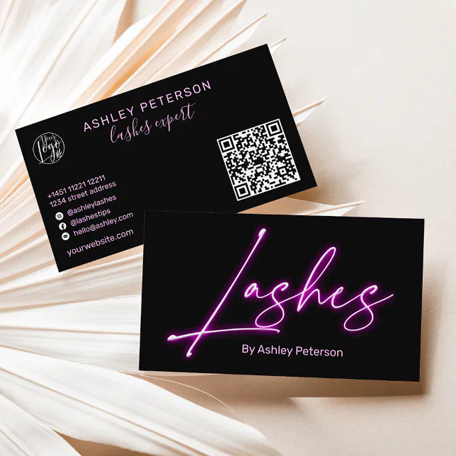 Modern glam purple neon lashes script logo qr code business card | Zazzle