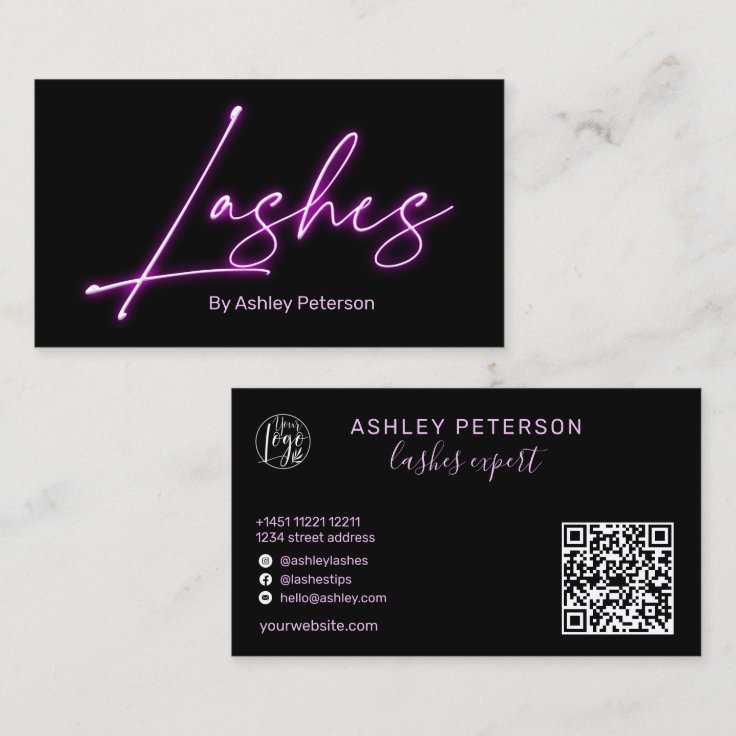 Modern glam purple neon lashes script logo qr code business card | Zazzle
