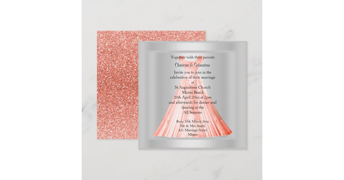 MODERN GLITTER APRICOT GOWN WEDDING INVITATION | Zazzle