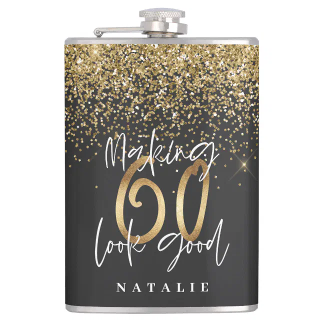 Modern glitter black and gold 60th birthday flask | Zazzle