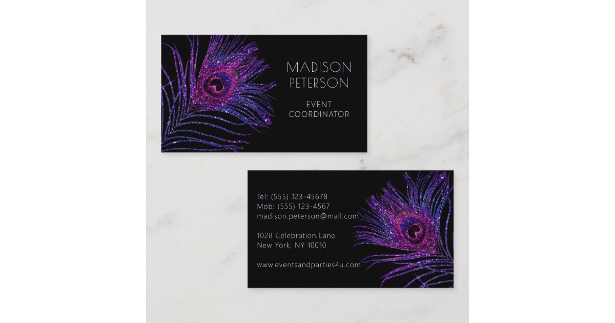 Modern Glitter Feather Event Coordinator Planner Business Card | Zazzle