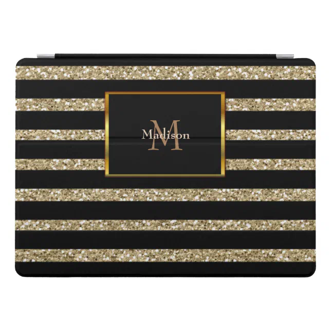 Modern glitter gold black stripes monogram name iPad pro cover | Zazzle