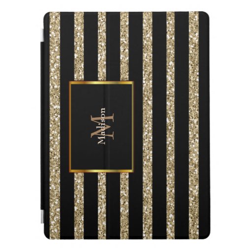Modern glitter gold black stripes monogram name iPad pro cover | Zazzle