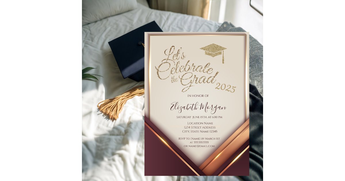 Modern Glitter Graduation Cap Burgundy Graduation Invitation | Zazzle
